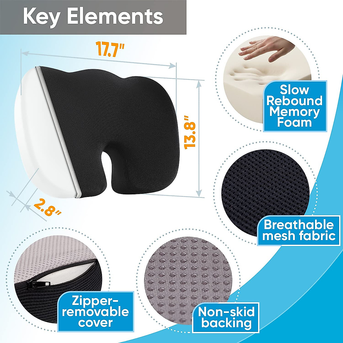 5 STARS UNITED Half Moon Bolster Semi-Roll Pillow, Grey and Seat Cushion Pillow for Office Chair