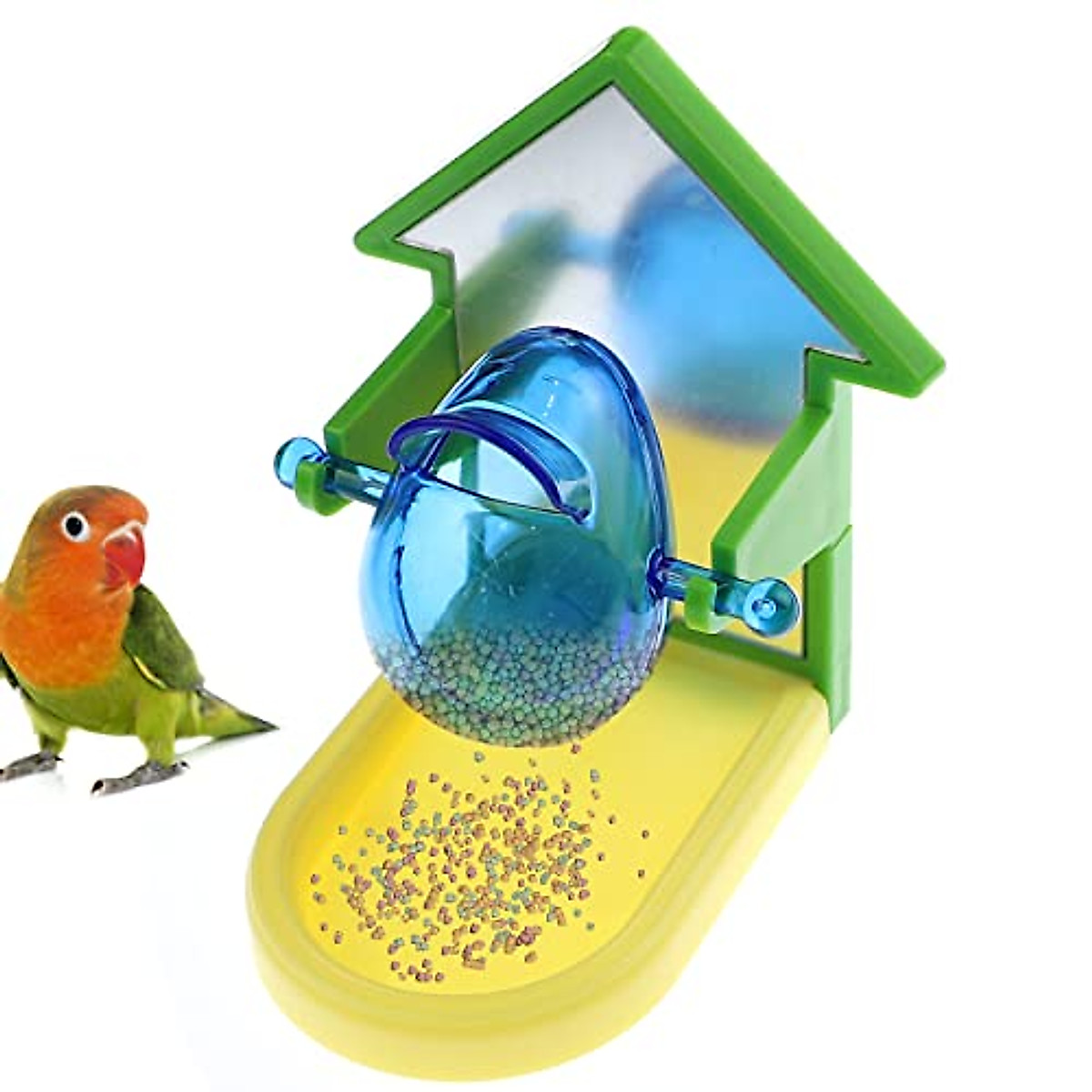 Toysructin Bird Food Feeder with Mirror, Automatic Pet Parrot Feeders Rotating Training Foraging Toy, Plastic Birds Feeding Dispenser Fun Parrots Intelligence Growth Cage Toys for Small Medium Birds