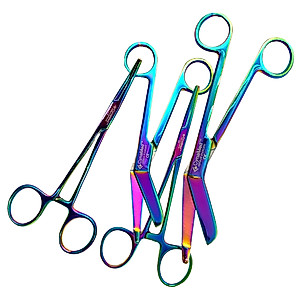 CynaMed German Nurses Doctor Lister Bandage Scissors 7.25" +5.5" + HEMOSTAT Forceps Str +Cvd 5.5" Multi Color Rainbow Color Stainless Steel - (Set of 4)