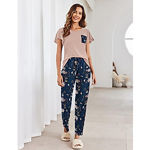 Ekouaer 2 Pack Womens Pajama Sets Short Sleeve with Long Pajama Pant Set Soft Sleepwear Printed Pj Lounge Set with Pockets