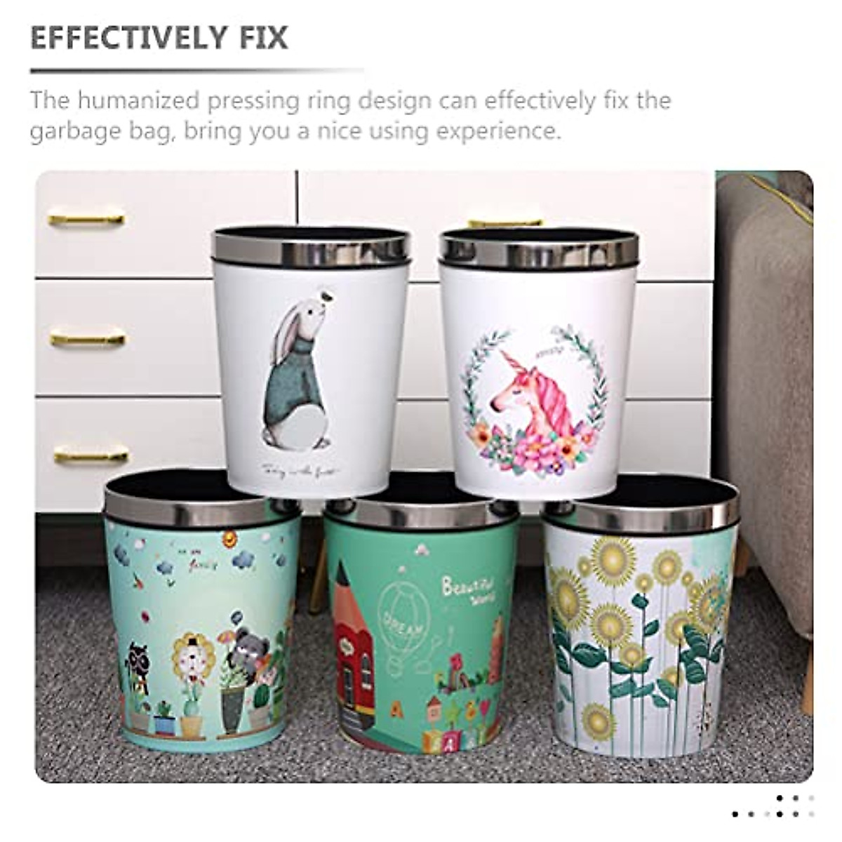 LUOZZY Round Waste Bin 12L Unicorn Pattern Trash Can Pressing Ring Garbage Bin for Kids Room Bedroom