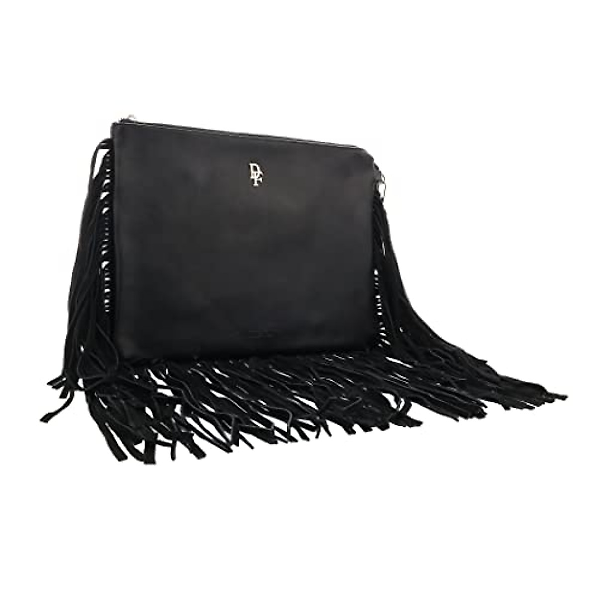 Daniela Fargion Black Leather Suede Fringe Pouch Clutch for womens