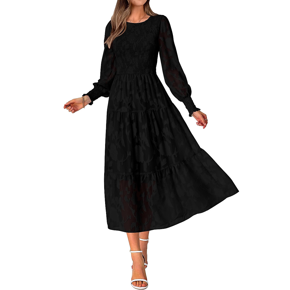 BTFBM Casual Women's 2025 Spring Dresses Elegant Wedding Guest Dress Long Sleeve Floral Midi Dress Flowy Bohemian Long Dress(Black,Small)