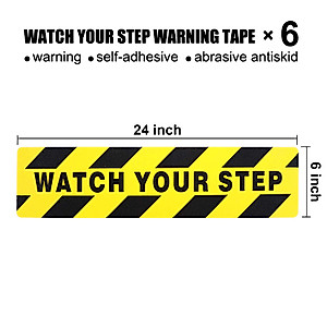 Watch Your Step Floor Decals Stickers 6 x 24 Inch Warning Sticker Adhesive Tape Anti Slip Abrasive Tape for Workplace Safety Wet Floor Caution (6 Pieces)