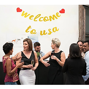 Vrogadso Welcome to USA America Banner Pre-Strung No DIY Rose Gold Glittery Aboard Party Decorations