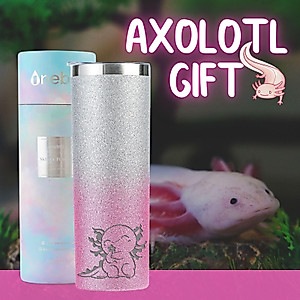 Onebttl Cute Axolotl Gifts for Girls/Women, Axolotl Stuff, Axolotl Water Bottle, Insulated 20 oz Stainless Steel Skinny Tumbler with Straw, Brush, Lid, and Gifts Box, Pink-Silver Gradient Glitter