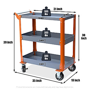 HPDMC 3-Tier Utility Cart 1000lbs Capacity Heavy Duty Metal Service Cart with Wheels, Rolling Tool Cart on Wheels, Garage Tool Push Cart for Mechanic, Garage, Workshop, Warehouse, Office