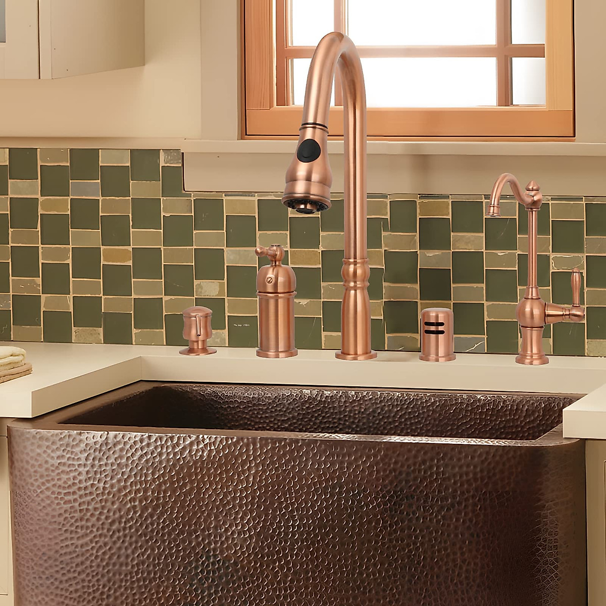 Copper Kitchen Faucet with in-Deck Handle and Soap Dispenser, Single Handle Solid Brass High Arc Pull Down Sprayer Head Kitchen Sink Faucet AK97918