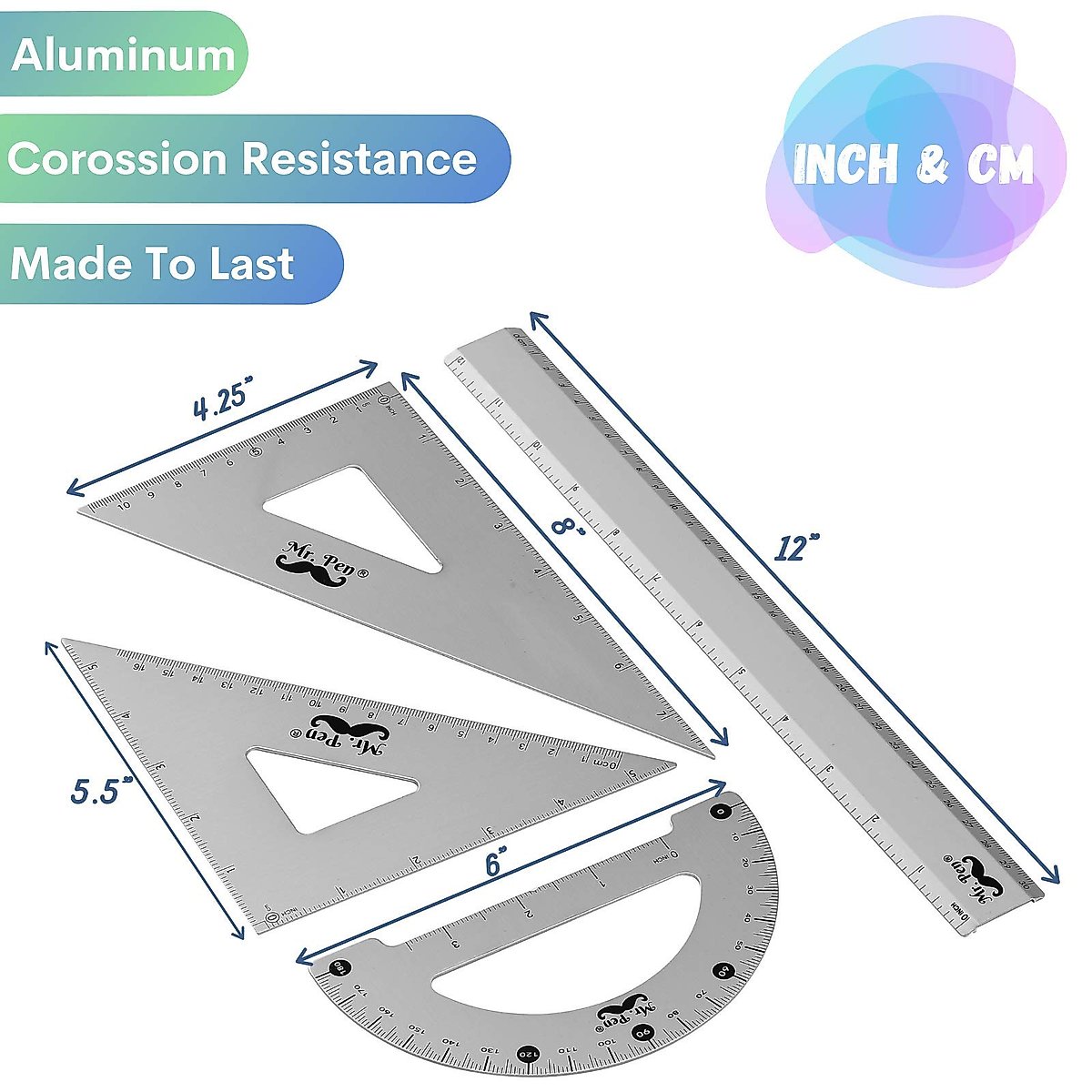 Mr. Pen– Metal Geometry Set, 4Pack, Metal Protractor, Aluminum Ruler, Metal Set Square, Triangle Ruler, Drafting Triangles, Triangle Ruler, Protractor Metal, Drafting Set, Geometry Kit, Drafting Ruler