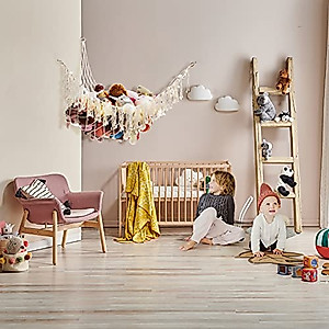 CUHIOY Toy Hammock for Stuffed Animals Large, Toy Storage Net Fits 40 Teddy Bears with Lights, Kids Mesh Hanging Nursery Organizer, Plush Toys Holder on Bedroom Wall Corner Decoration（ Beige）｜64x 64x 45 Inch