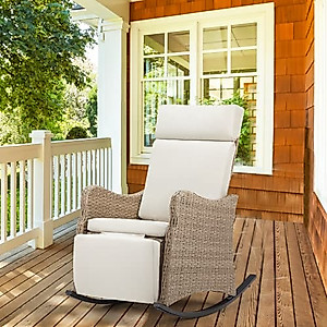 HOMREST Outdoor Recliner Chair,Rattan Wicker Rocking Chair,Patio Reclining Lounge Chaise with Soft Removable Cushion,Adjustable Footrest,Beige