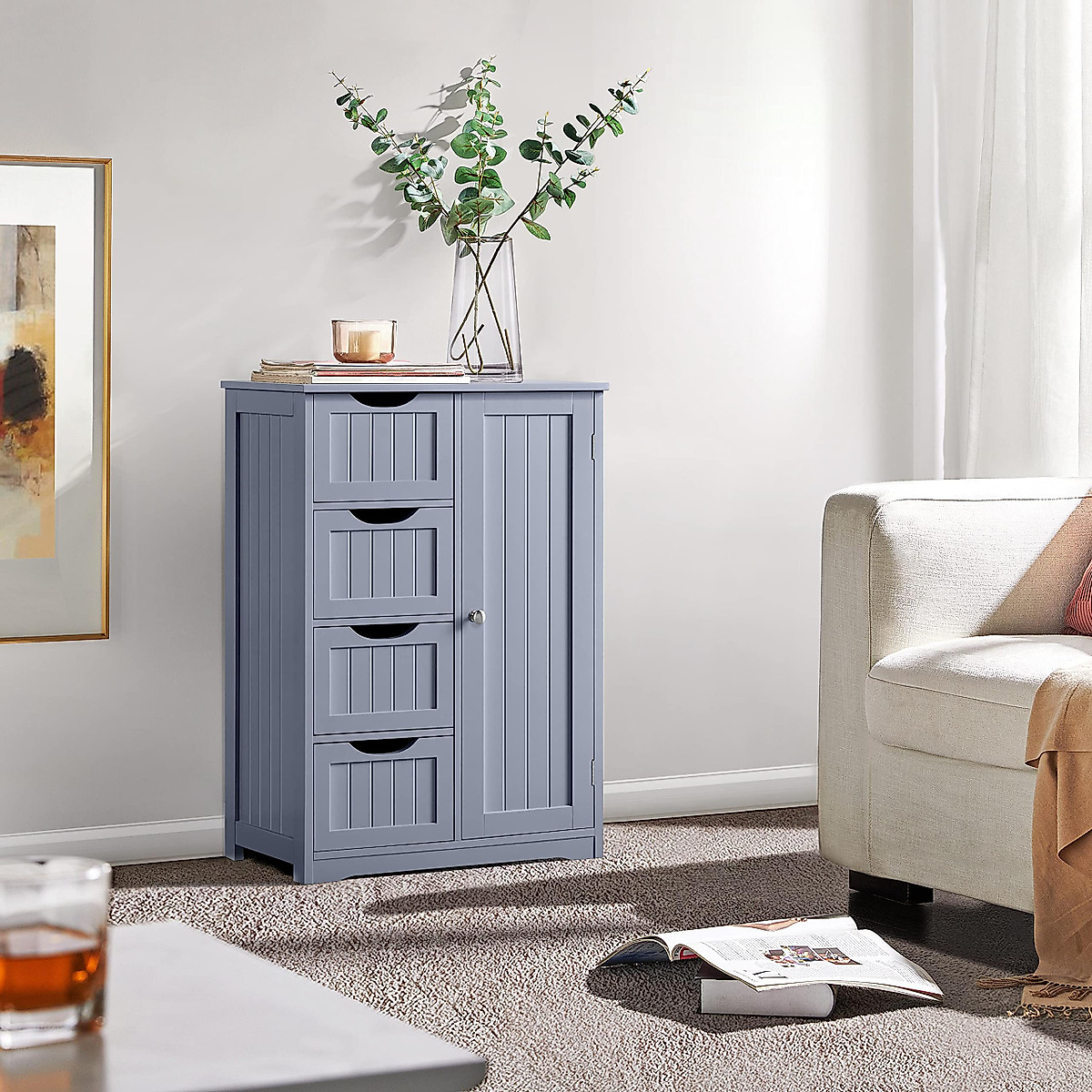 Yaheetech Large Bathroom Floor Cabinet with 4 Dawers and Single Door Cabinet, Freestanding Storage Cabinet for Living Room Kitchen Hallway, Gray