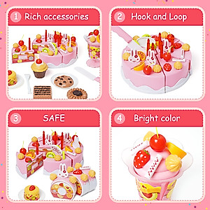 75PCS Birthday Cake Toy Cutting Decorating Birthday Cake Kitchen Pretend Toys Party Role Play Food Sets with Removable Candles Fruit Ice Cream Biscuits Candy Gift for Girls Boys Aged 3+