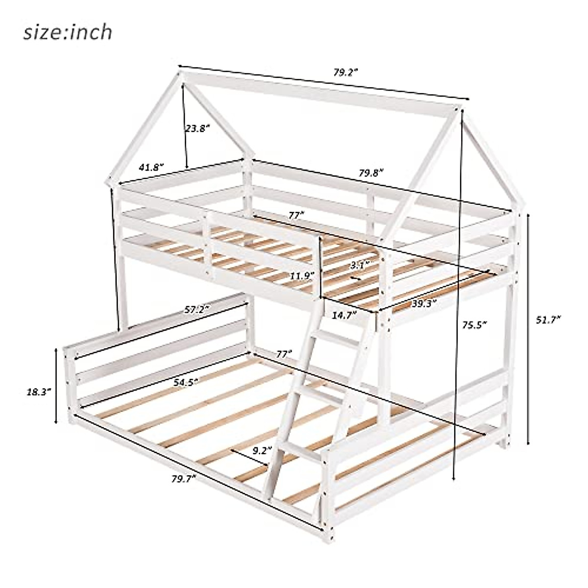 BOVZA Twin Over Full House Bunk Bed, Floor Low Bunk Bed for Kids Teens Girls Boys, Convertible to 2 Beds, White