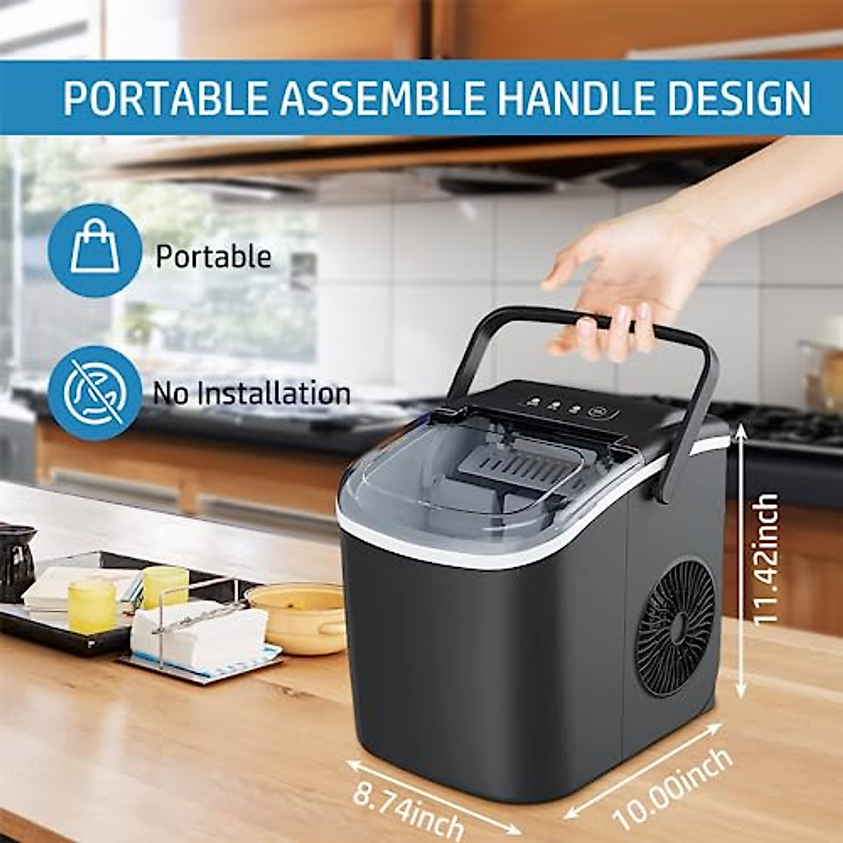 Harigal Countertop Ice Maker Machine with Handle, 26.5lbs in 24Hrs, 9 Ice Cubes Ready in 6 Mins, Smart Self-Cleaning, Portable Ice Makers Countertop for Home/Office/Party/RV(Black)