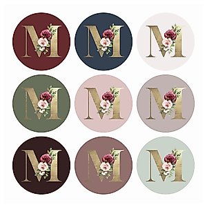 Mobiusea Creation Monogram Stickers| Gold Foil | Initial Envelope Seals Letter M | 9 Chic Color Assortments | Wedding Monogram Stickers| 1.4 Inch | 90pcs Floral Envelop Stickers Seals