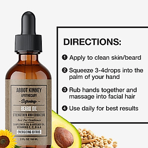 ABBOT KINNEY APOTHECARY Beard Oil for Men - Natural Ingredients, Energizing Citrus Scent, Promotes Healthy Growth, Ideal for Dry Flaky Skin - Beard Conditioner - 2 Fl Oz