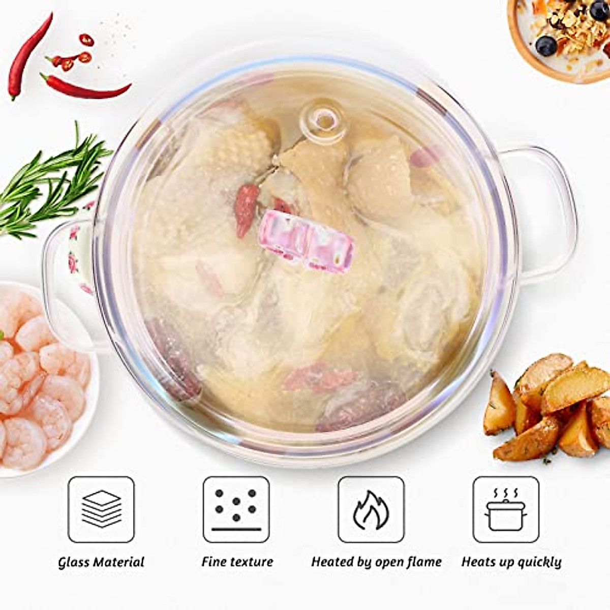 UPKOCH Pink Glass Pots for Cooking on Stove Heat Resistant Saucepan with Cover Clear Cooking Pot with Lid Glass Simmer Pot for Noodle Soup