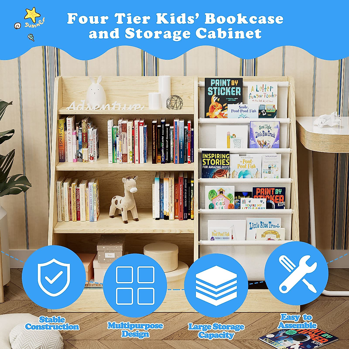 HedoAjim 4 Tier Kids Wooden Bookshelf,Five Layer Sling Children Bookcase,Baby Storage Book Rack,Book and Toy Organizer Cabinet Chest,Book Display Shelf,Playroom Nursery Classroom Library