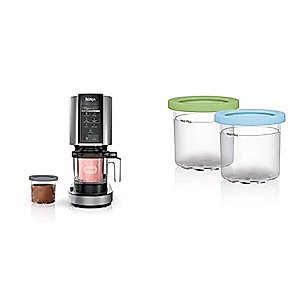 Ninja NC301 CREAMi Ice Cream Maker,Silver & XSKPLID2CD Pints 2 Pack, Compatible with NC299AMZ & NC300s Series Creami Ice Cream Makers, BPA-Free & Dishwasher Safe, Lime & Aqua Lids, 1