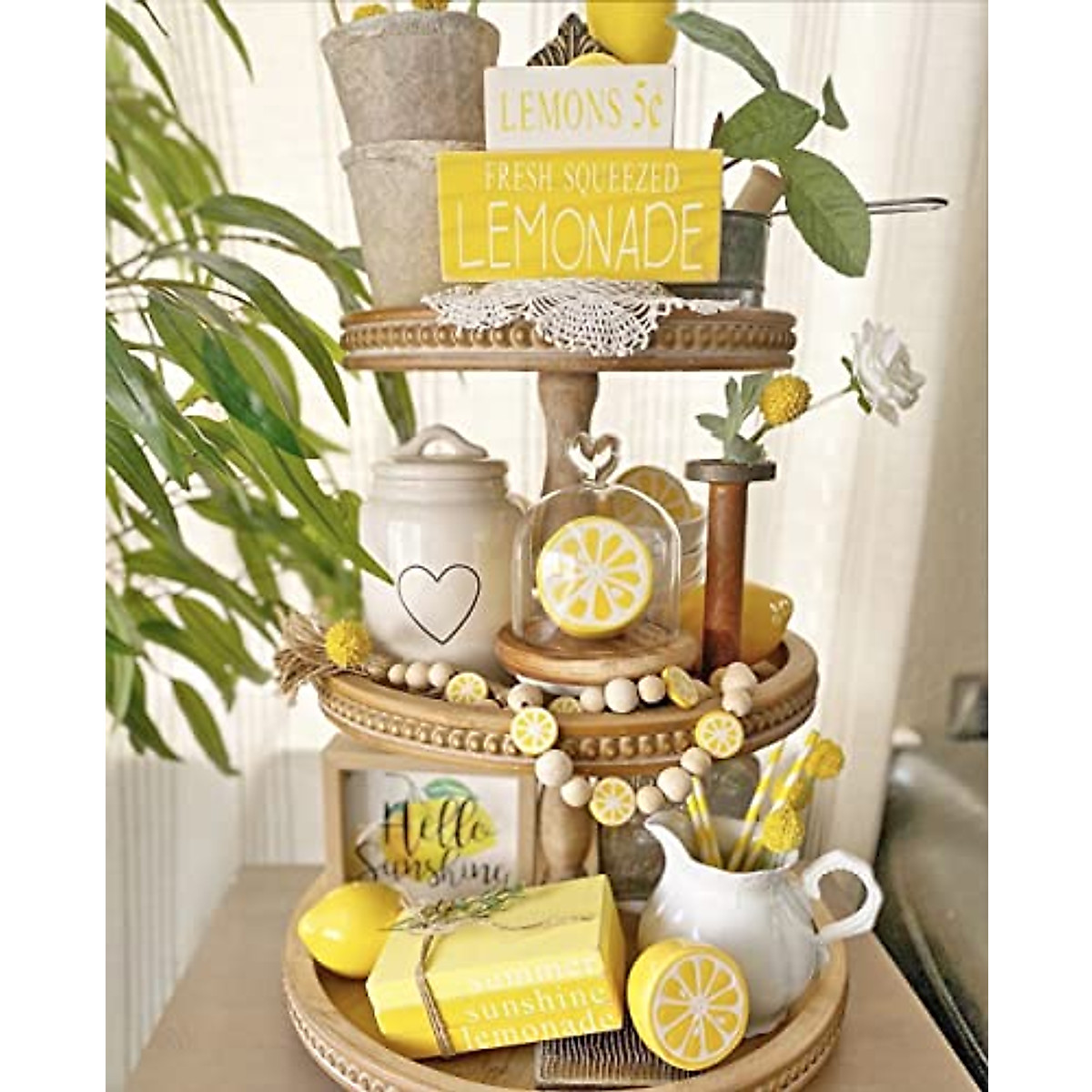 3 Tiered Tray Wooden Serving Stand by Felt Creative Home Goods. Large Beaded Tray for Home Decor Display Farmhouse Country Decoration Kitchen or Dining. Includes 3 Finial Custom Handles (Brown)