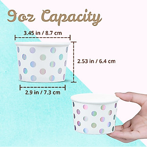 MATICAN Paper Ice Cream Cups - 50-Count 9-Oz Disposable Dessert Bowls for Hot or Cold Food, 9-Ounce Party Supplies Treat Cups for Sundae, Frozen Yogurt, Soup, Silver Foil Polka Dots