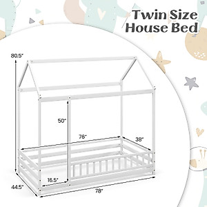 KOMFOTT Twin Size Floor House Bed, Wooden Montessori Bed with Roof & Full-Length Safety Guardrail, Floor Playhouse Bed Frame for Kids, Girls, Boys (White)