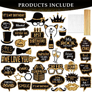 36 Pcs Birthday Photo Booth Props Kit 40th- 50th-60th Happy Birthday Wedding Party Favors Supplies Bday Party Decor Photobooth Funny Cute Holiday Birthday Party Supplies(Gold and Black)