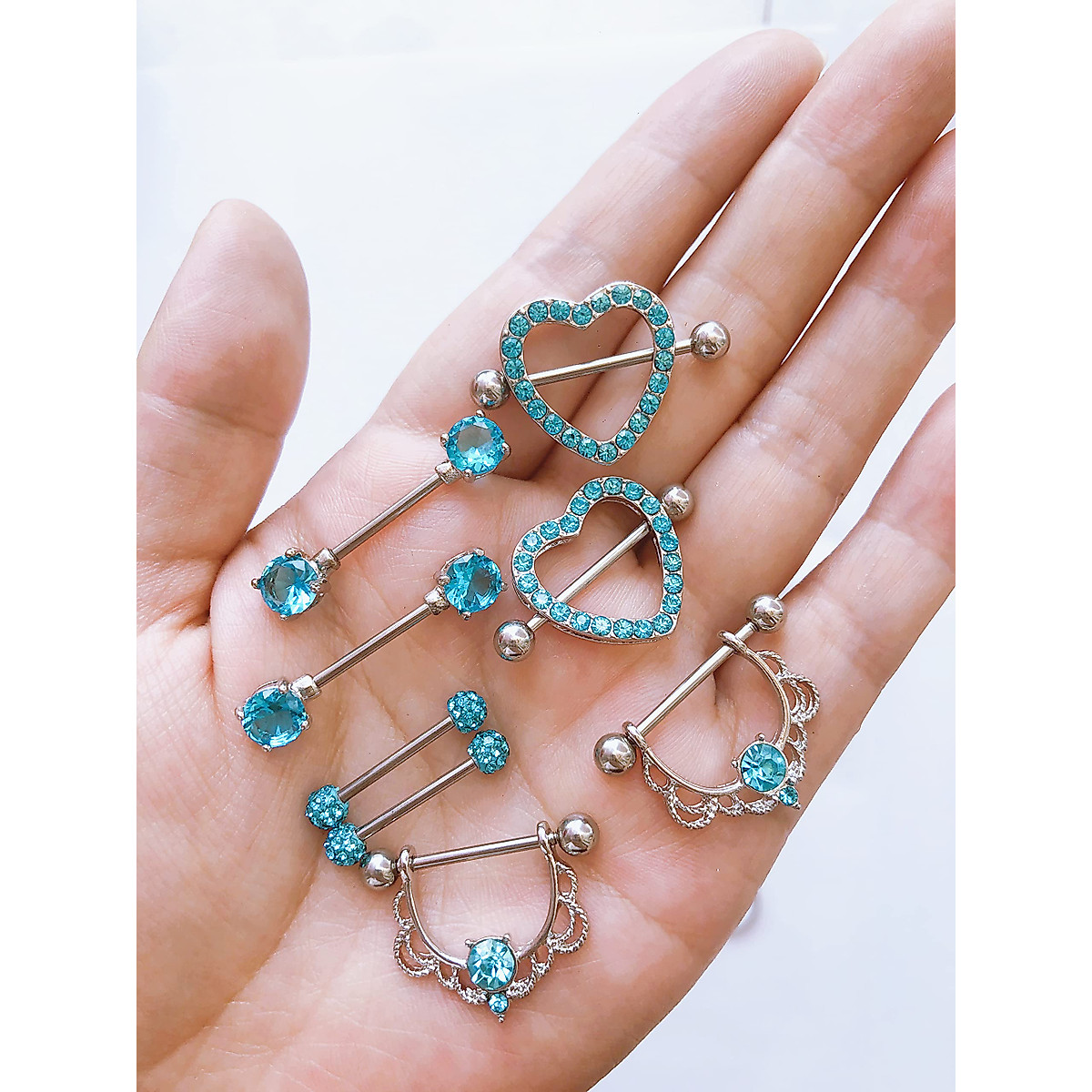 IrbingNii Nipple Rings Blue Heart Nipple Piercings Tongue Ring Body Piercing Jewelry for Women 14G Stainless Steel 4 Pairs/lot