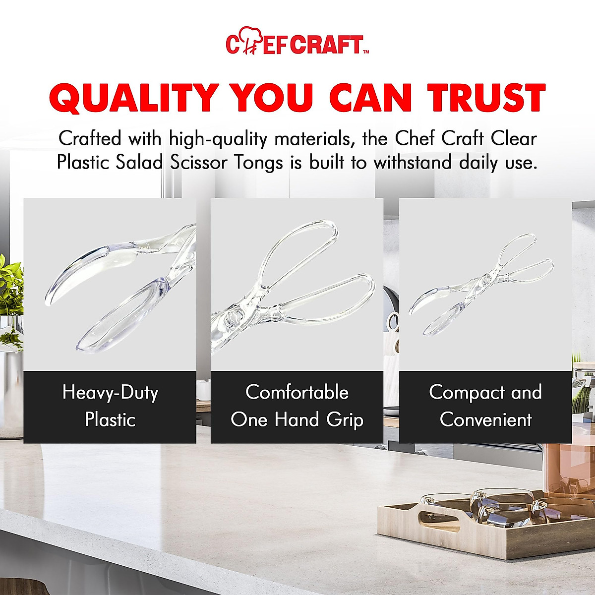 Chef Craft Premium Salad Scissor Tongs, 11 inches in length, Clear