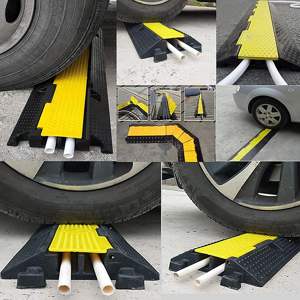 Reliancer 3 Pack Dual Channel Rubber Cable Protector Ramp 2 Channel Traffic Speed Bump 11000lbs Capacity Heavy Duty Driveway Hose Cover Ramp Cord Track Protector Wires Concealer w/Flip-Open Top Cover