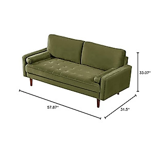 Container Furniture Direct Velvet 58" Loveseat Sofa Couch for Living Room, Classic Mid-Century Style with Modern Silhouette, Button Tufting and Wood Legs, Includes 2 Bolster Pillows, Olive Green