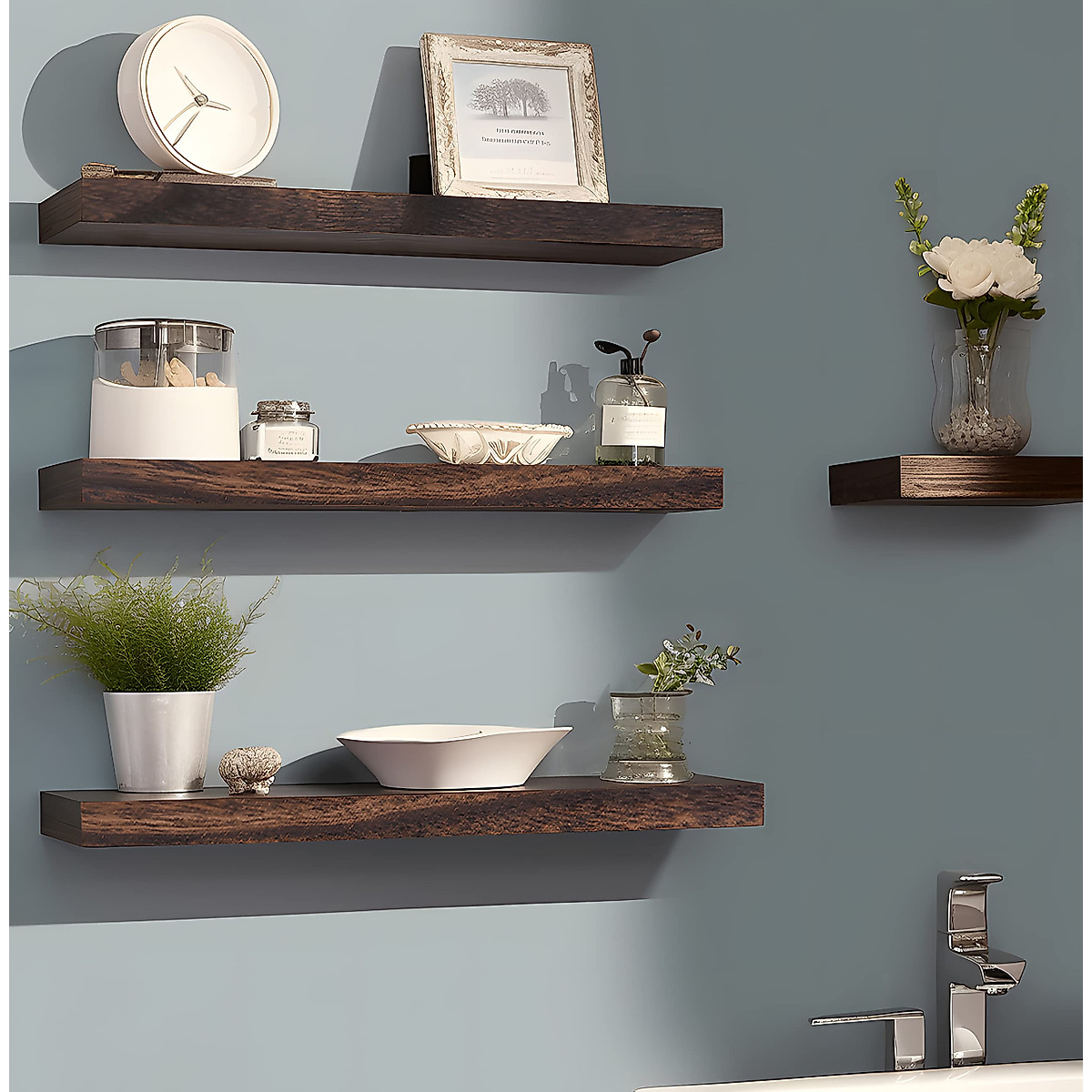 HXSWY Rustic Wood Floating Shelves for Wall Decor Farmhouse Wooden Wall Shelf for Bathroom Kitchen Bedroom Living Room Set of 6 Brown