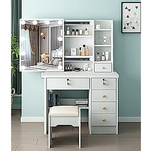 tojump Makeup Vanity Table with LED Lighted Mirror, White Vanity Desk with Drawers & Cabinet, Bedroom Makeup Dressing Table with Cushioned Stool (Modern N)
