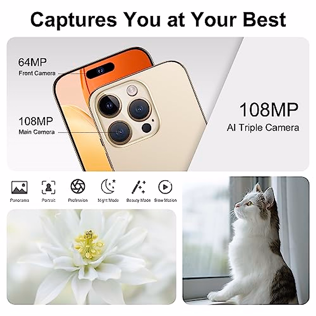 ExAchat A14 Pro 5G Unlocked Smartphone 108MP Camera 7300mAh 6.82" FHD+ Display 120HzD Cell Phone Unlocked 4GB+128GB/256GB Expandable Dual SIM Smart Phone,GPS Fingerprint/Face ID (White)
