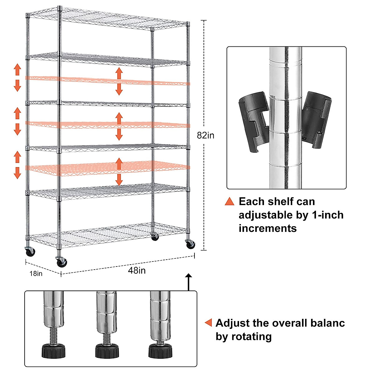 Heavy Duty Storage Shelves Hold 2100LBS Metal Shelves with Wheels Adjustable 6 Tier Wire Shelving Unit NSF Shelving for Closet Kitchen Garage Basement, 82" H x 48" L x 18" D- Chrome