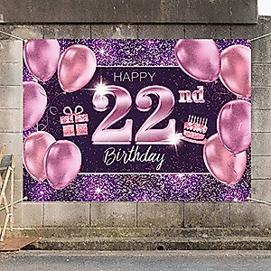 PAKBOOM Happy 22nd Birthday Banner Backdrop - 22 Birthday Party Decorations Supplies for Women Her - Pink Purple Gold 4 x 6ft