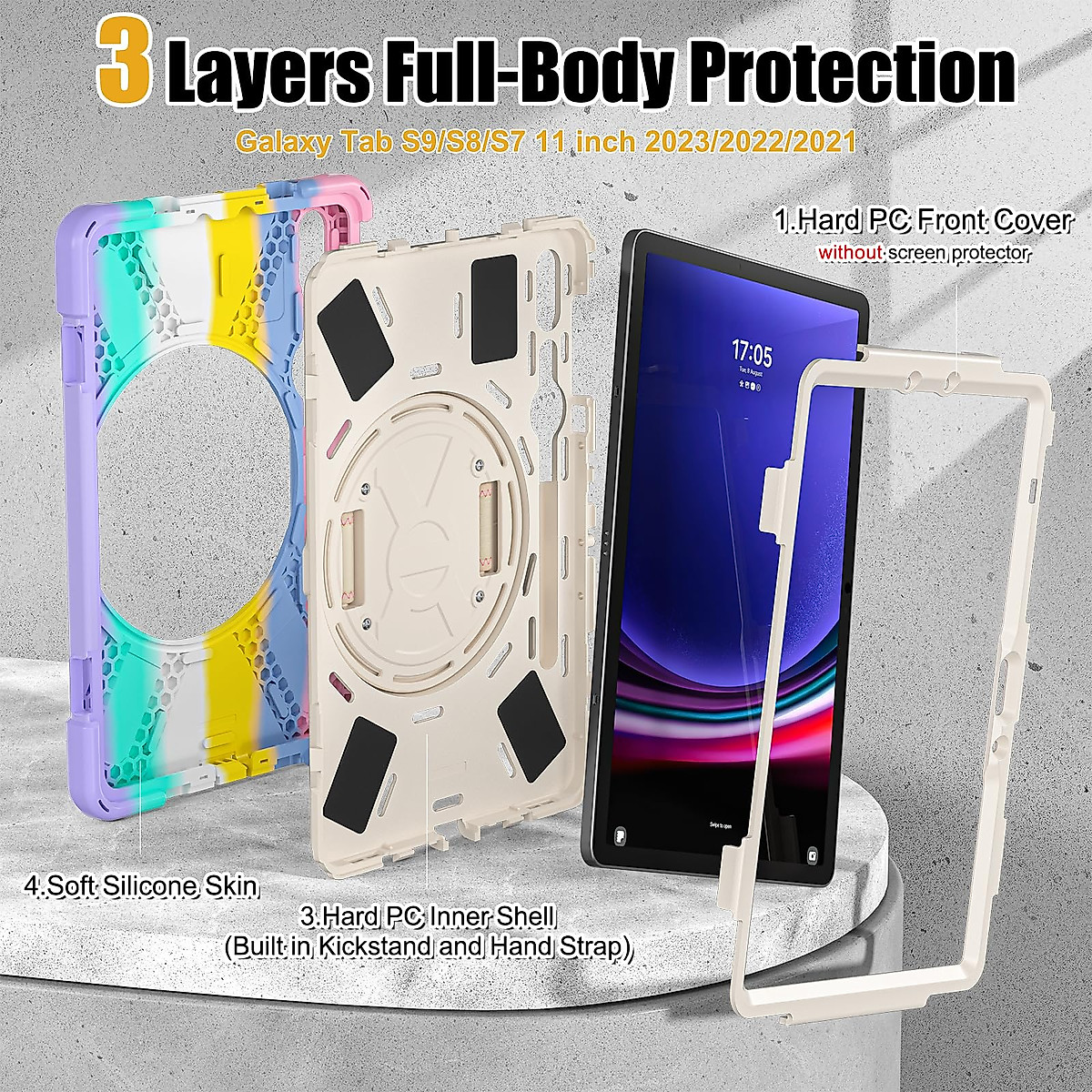 BRAECNstock Kids Case for Samsung Galaxy Tab S9 FE/ S9/ S8/ S7 5G 10.9"/ 11" Shockproof Protective with Pencil Holder, [360° Rotating Hand Strap & Stand], Shoulder Strap, Colorful Pink