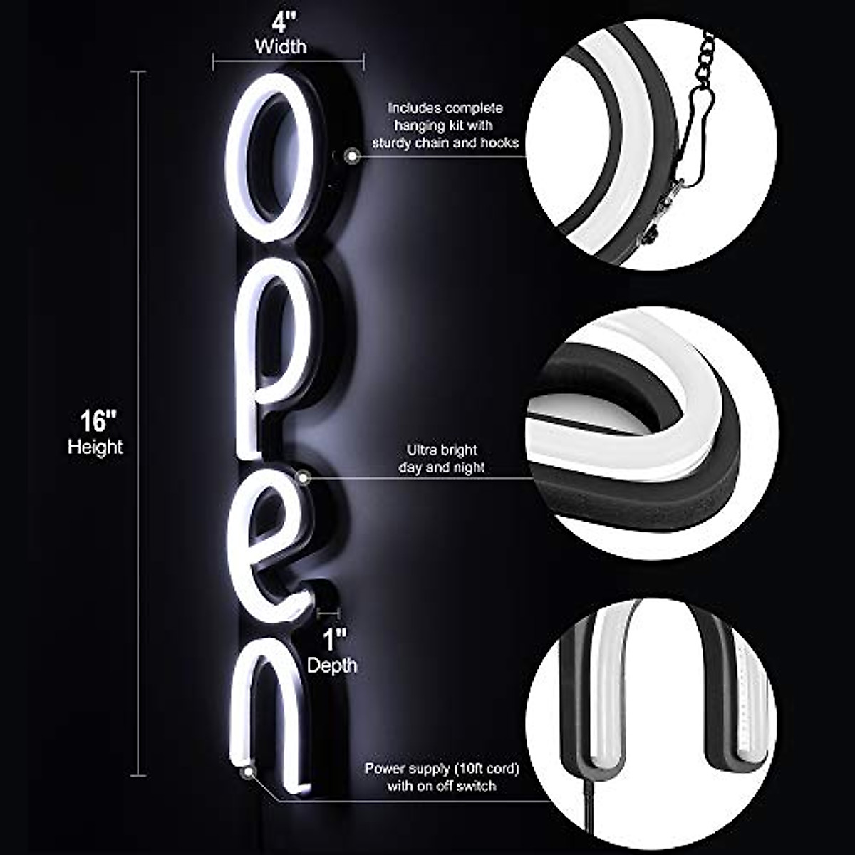 LED Open Sign for Business - Bright White Vertical Neon Style Open Light Signs | Beautiful Design to Attract Customers