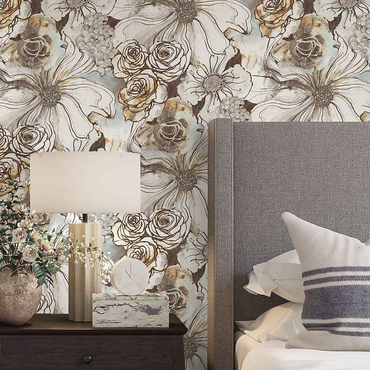 NextWall Harry & Grace Ink Rose Abstract Floral Peel and Stick Wallpaper (Mocha & Blue Mist)