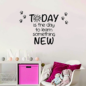 ANFRJJI Love Learning, Start Now Inspirational Words Wall Decal - Little Bee and Sun Smile PVC Removable Wall Sticker for Student and Kids Room Decor -Effect 26"x37"inch (black-JWH255-Today)