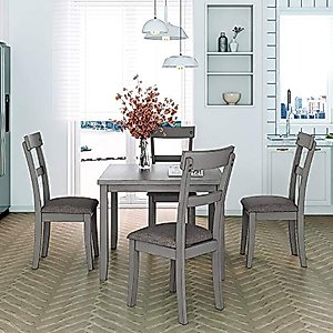 P PURLOVE 5 Piece Farmhouse Style Dining Table Set Rustic Wood Kitchen Table and 4 Chairs for 4 Persons, Wooden Dining Set for Kitchen Dining Room,Gray