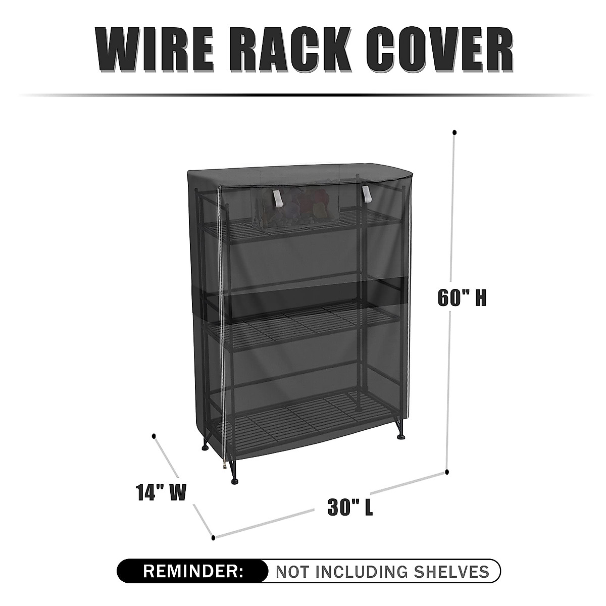 MOLLYAIR Waterproof Shelf Cover,600D Heavy Duty Dustproof Storage Wire Rack Covers, Outdoor Shelving Covers for Wire Shelves with Zipper 30''Wx14''Dx60''H, can be Made Mini Greenhouse, Cover Only
