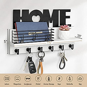 Dinosam Key Holder for Wall: Mail Organizer Wall Mount and Key Shelf with 6 Sturdy Hooks and Black Metal Decorative Piece for Entryway Farmhouse Decor, White