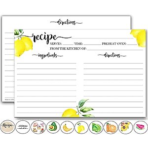 Lemon Double Sided Recipe Cards 4"x6" (100) USA Made Thick Durable Eco Index Card Stock Notecards for Family Recipes, Baking, Meal Prep, Wedding, Bridal Shower Gift