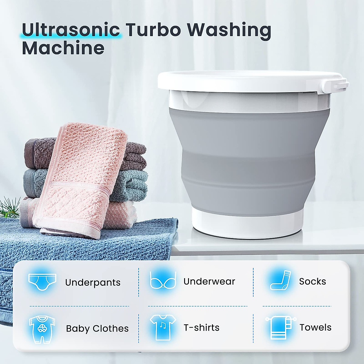 Portable Washing Machine, Compct Mini Washer for Camping with 5L Foldable Laundry Tub, Ultrasonic Turbine Washer for RV Travel Camping Apartment Baby Clothes Underwear Socks Towels