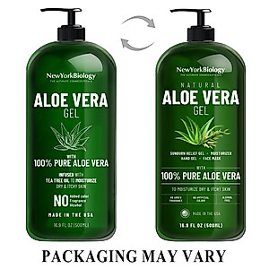 New York Biology Aloe Vera Gel for Face, Skin and Hair - Infused with Tea Tree Oil - From Fresh Aloe Vera Plant - Moisturizing Aloe Vera for Sunburn Relief and Dry Skin - 16.9 Fl Oz
