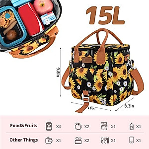 Joymee Insulated Lunch Bag for Women/Men, Waterproof Lunch Box for Office Work Picnic Beach, Reusable Large Leakproof Cooler Tote Bag with Adjustable Shoulder Strap & Side Pocket, Sunflower