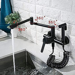 Kitchen Faucet Brass 3-Axis Rotate Foldable with Pull Out Sprayer Wall Mounted Single Handle Mixer Tap,Black