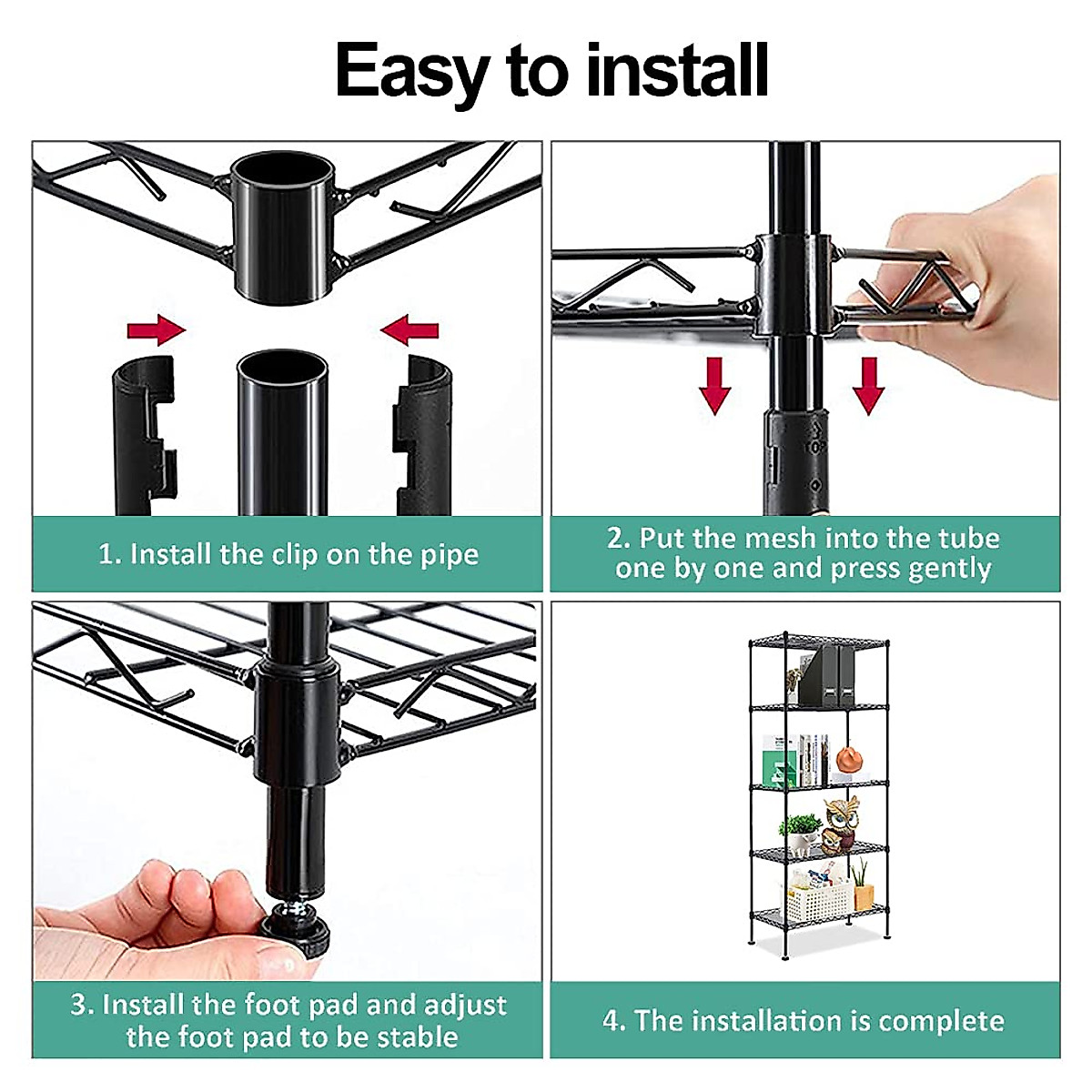 Craft & Art 5-Shelf Adjustable Wire Shelves, Metal Storage Shelves Utility Height Household Type Heavy Duty for Kitchen, Room, Bathroom and Garage,24”L×14”W×60”H, Black